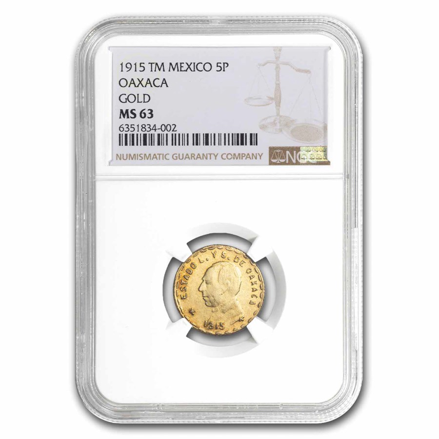 1915 TM Mexico OAXACA Gold 5 Pesos MS-63 NGC