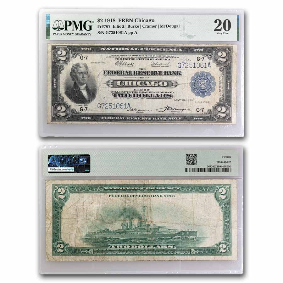 1918 (G-Chicago) $2 FRBN Battleship VF-20 PMG (Fr#767)