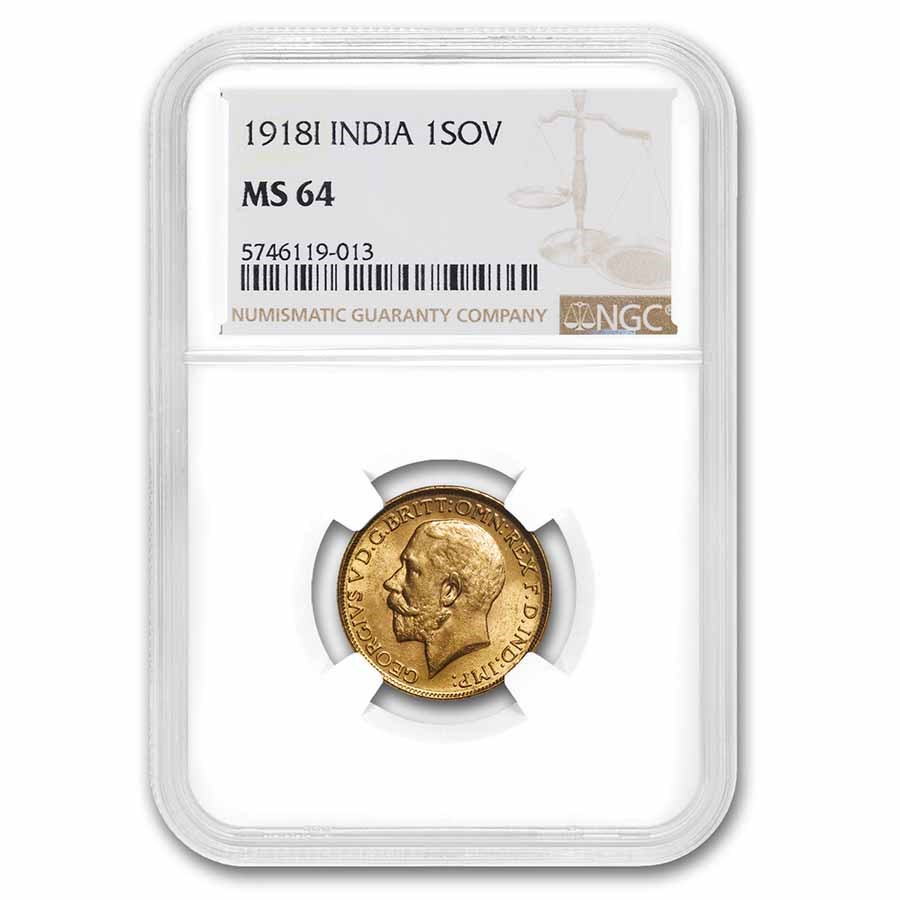Buy 1918-I India Gold Sovereign George V MS-64 NGC | APMEX