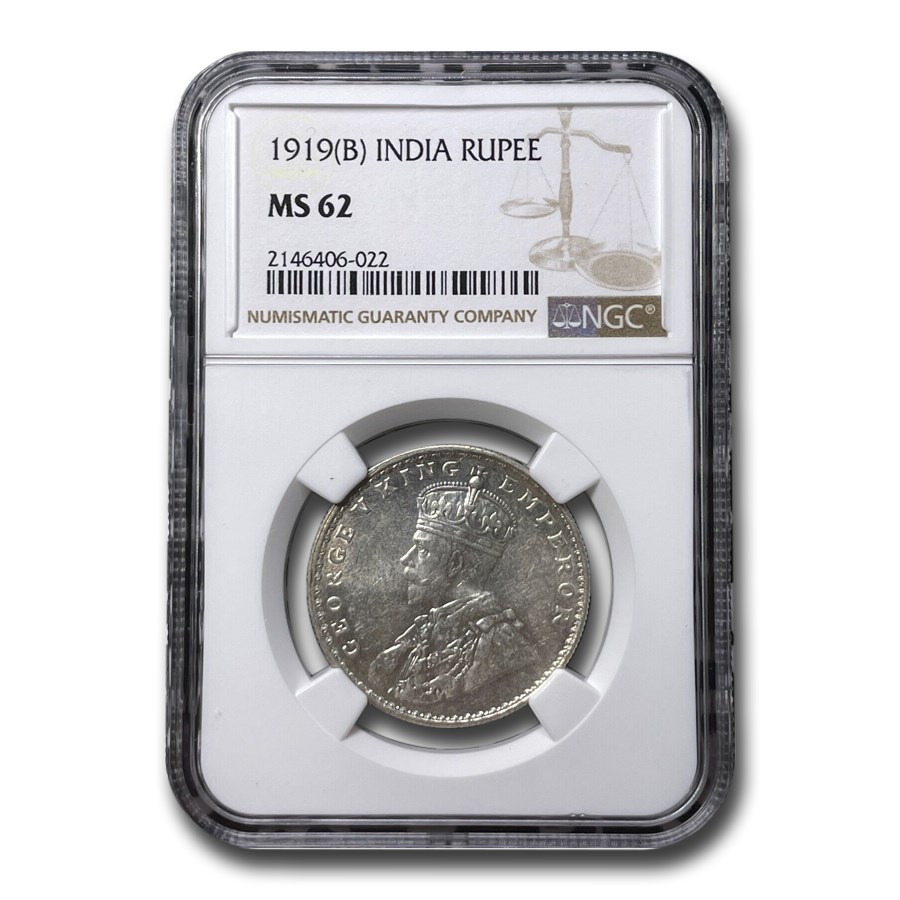 1919 India Silver Rupee George V MS-62 NGC