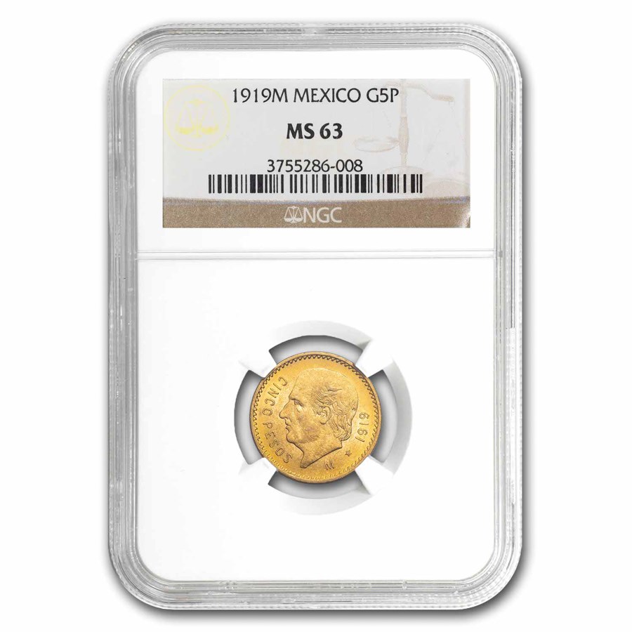 1919 Mexico Gold 5 Pesos MS-63 NGC