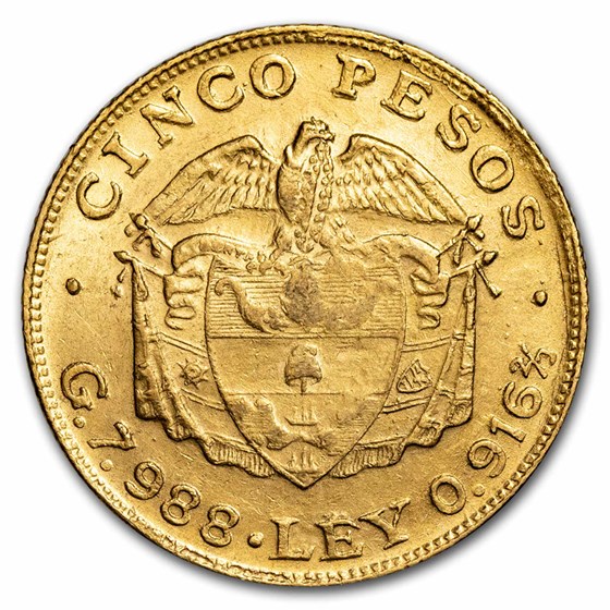 1920 Colombia Gold 5 Pesos Coin BU
