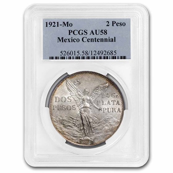 Buy 1921 Mexico Silver 2 Pesos Winged Victory AU-58 PCGS | APMEX