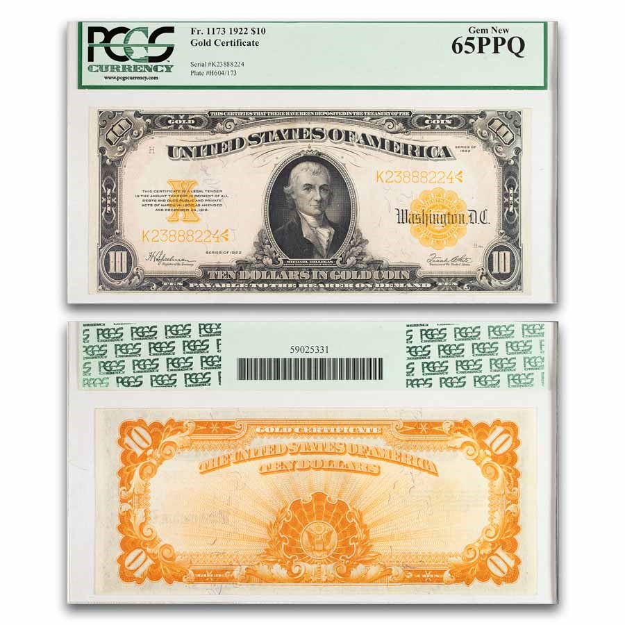 Buy 1922 $10 Gold Certificate Hillegas Gem CU-65 PPQ | APMEX