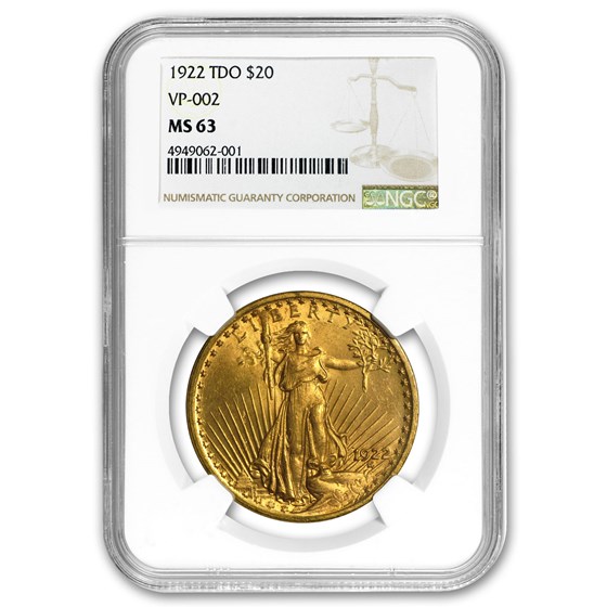Buy 1922 $20 St Gaudens Gold Double Eagle MS-63 NGC (TDO VP-002) | APMEX