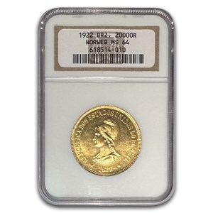 1922 Brazil Gold 20000 Reis MS-64 NGC (Norweb)