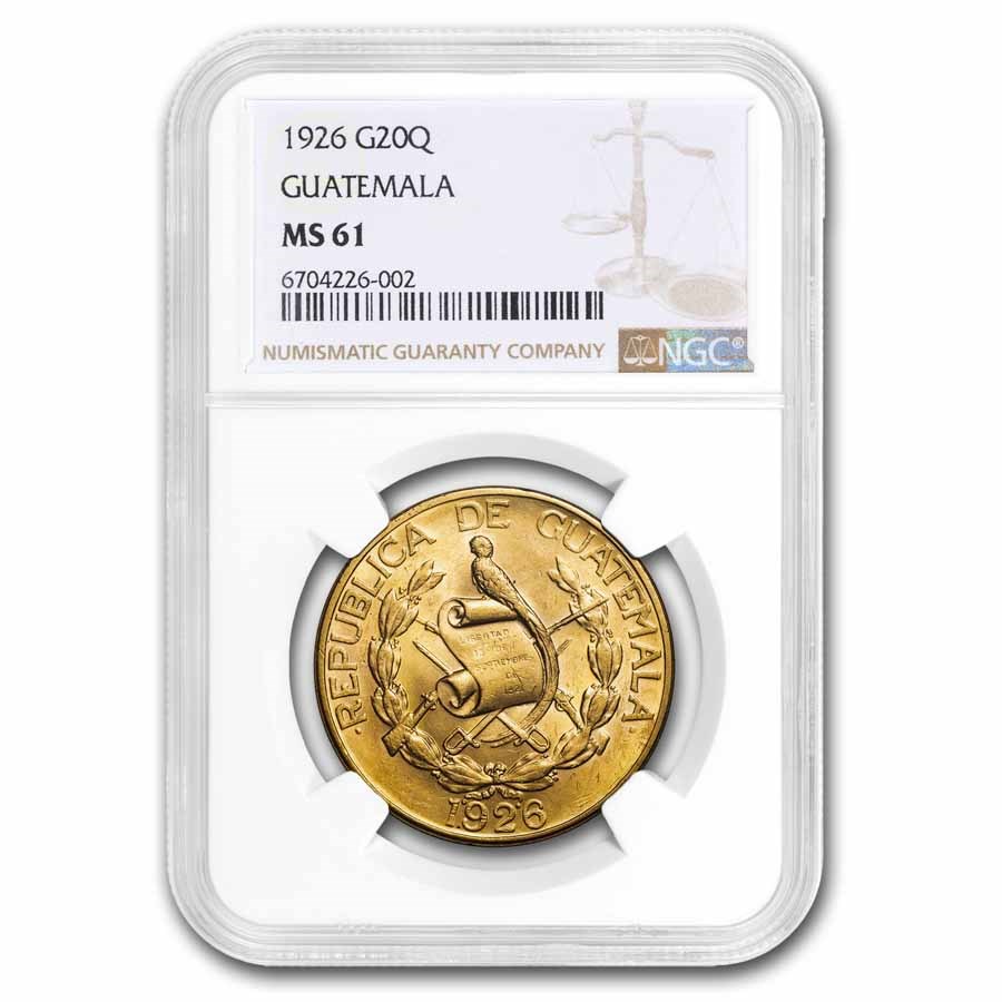 1926 Guatemala Gold 20 Quetzales MS-61 NGC