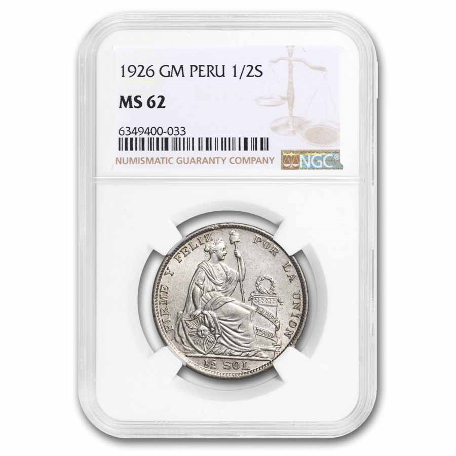1926-LIMA Peru Silver 1/2 Sol MS-62 NGC