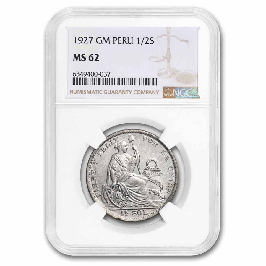 1927-LIMA Peru Silver 1/2 Sol MS-62 NGC