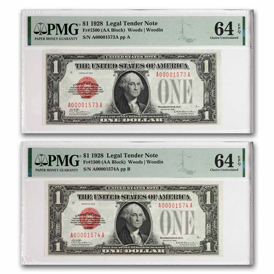 Buy 2 Consec 1928 $1 US Legal Tender Notes CU-64 EPQ PMG | APMEX