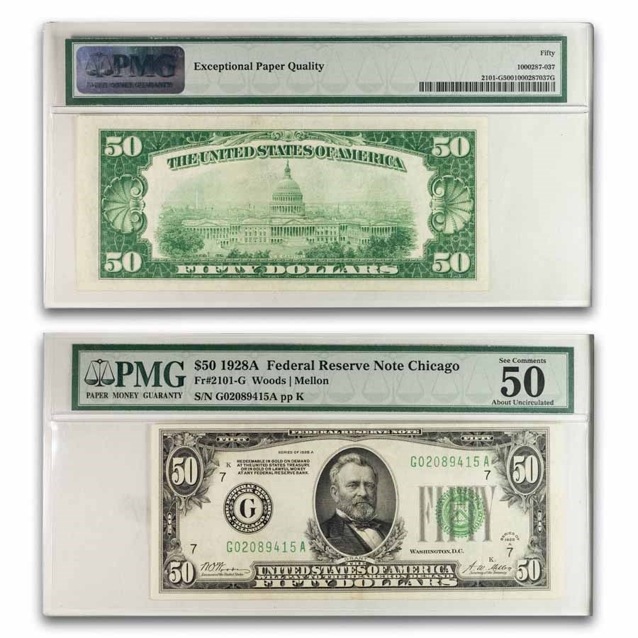 Buy 1928-A (G-Chi) $50 Federal Reserve Note AU-50 EPQ PMG | APMEX