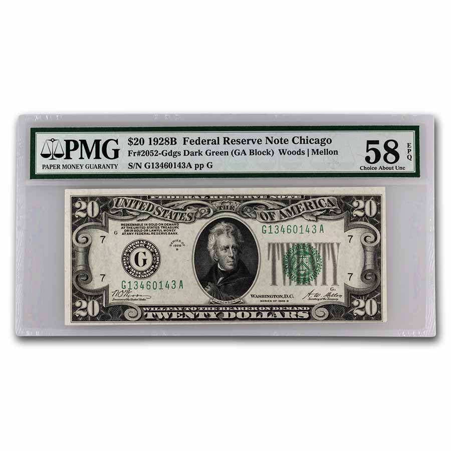 Buy 1928-B (G-Chicago) $20 FRN CH AU-58 EPQ PMG (Fr#2052-G) | APMEX