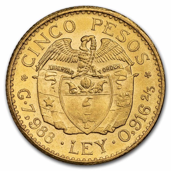 1928 Colombia Gold 5 Pesos Coin BU