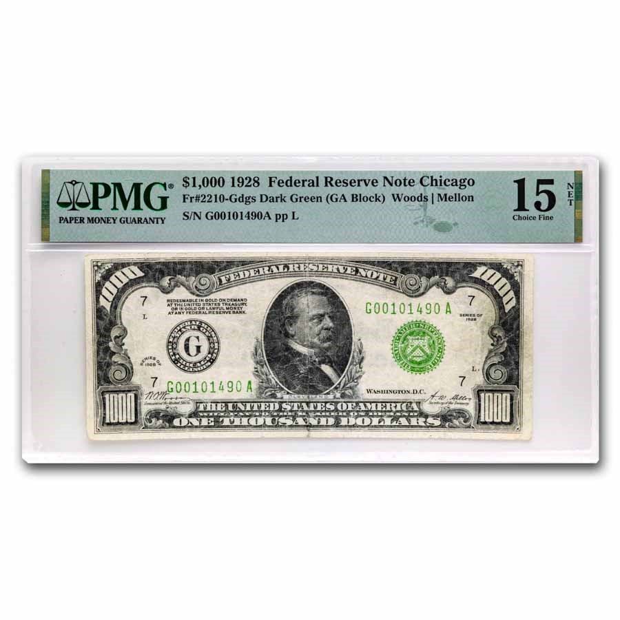 1928 (G-Chicago) $1,000 FRN Fine-15 PMG (Fr#2210-G) Details