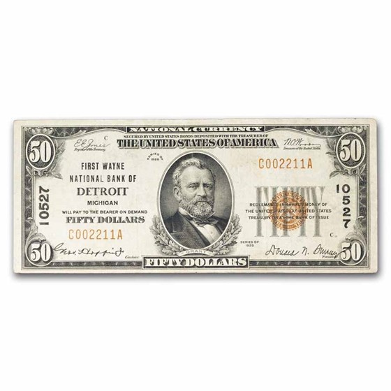 1929 Type 1 $50 First Wayne NB of Detroit, MI VF CH#10527
