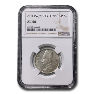 1933 Egypt Silver 5 Piastres Fuad I AU-58 NGC