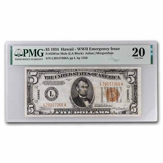 Buy 1934 $5.00 Brown Seal Hawaii VF-20 PMG (Fr#2301M) | APMEX