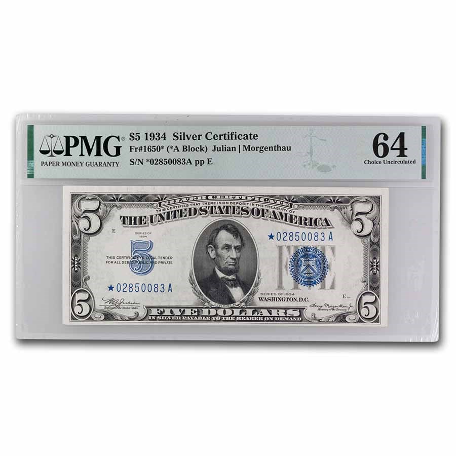Buy 1934* $5.00 Silver Certificate CU-64 PMG (Fr#1650*) Star Note! | APMEX