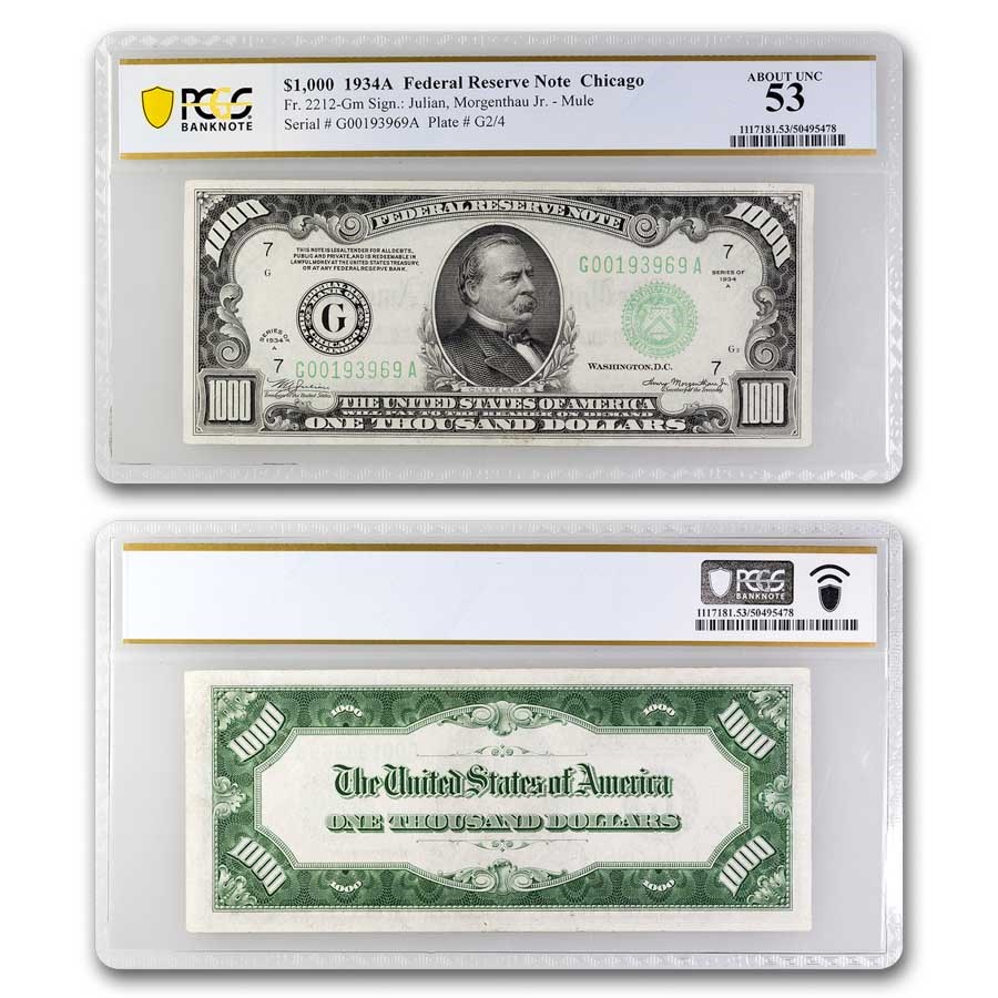 1934-A (G-Chicago) $1,000 FRN AU-53 PCGS (Fr#2212-Gm) Mule