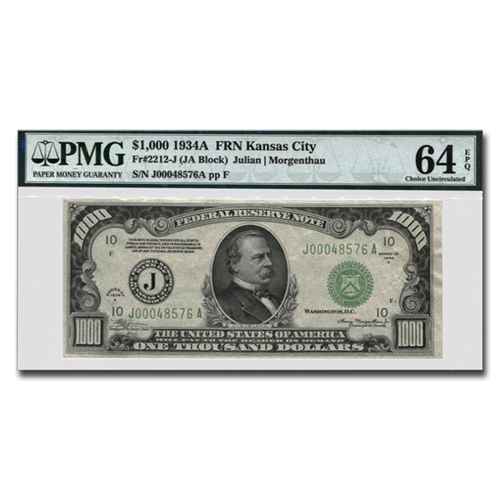 Buy 1934-A (J-Kansas City) $1,000 FRN CU-64 EPQ PMG (Fr#2212-J) | APMEX