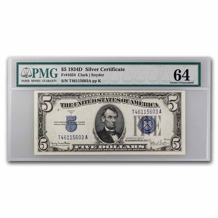 Buy 1934-D $5.00 Silver Certificate CU-64 PMG (Fr#1654) | APMEX
