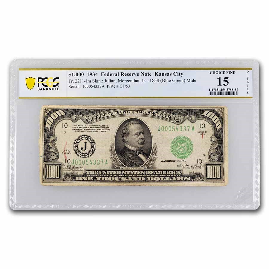 Buy 1934 (J-Kansas City) $1,000 FRN CH F-15 PMG (Fr#2211-Jm) Details ...