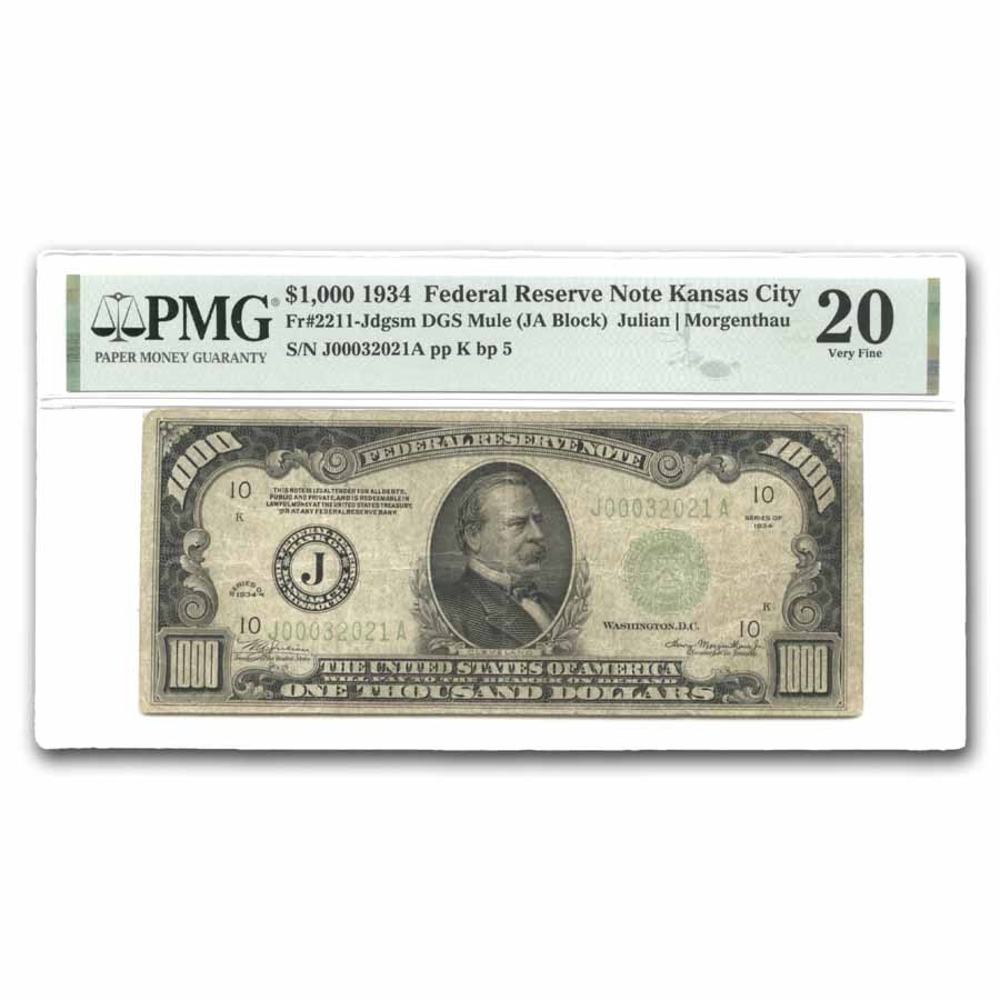 1934 (J-Kansas City) $1,000 FRN VF-20 PMG (Fr#2211-J) Mule
