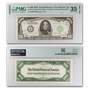 1934 (J-Kansas City) $1,000 FRN VF-35 PMG (Fr#2211-J) Mule DGS