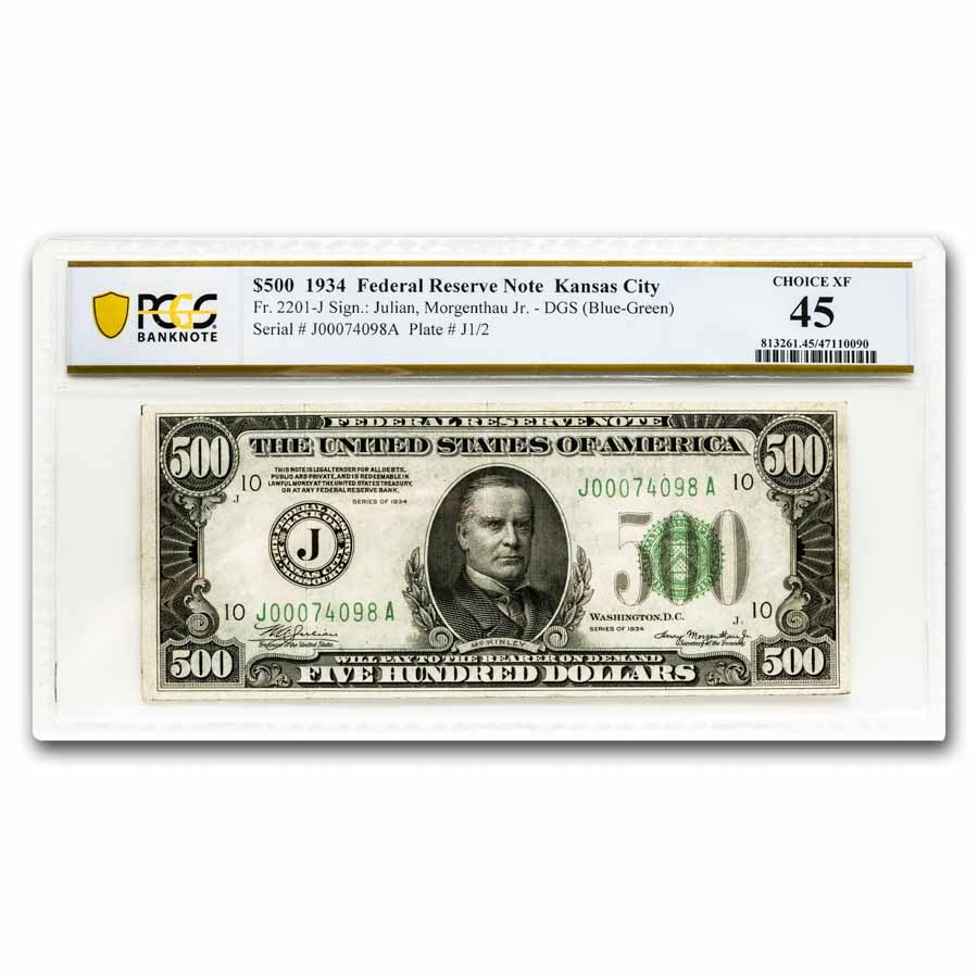 1934 (J-Kansas City) $500 FRN XF-45 PCGS (Fr#2201-J) DGS