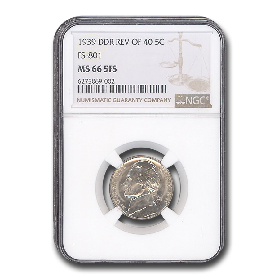 1939 Jefferson Nickel MS-66 NGC (DDR FS-801, Rev of 40, 5FS)