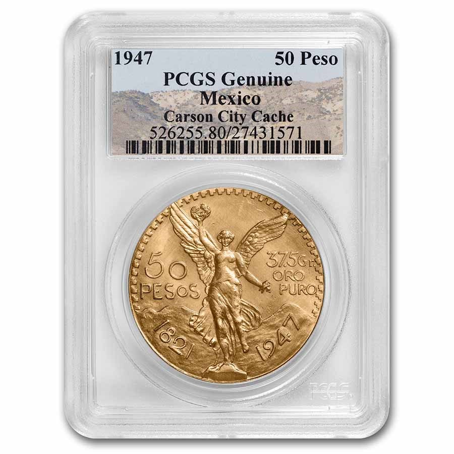 Buy 1947 Mexican Gold 50 Pesos Genuine PCGS (Carson City Cache) | APMEX