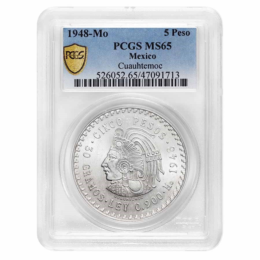 Buy 1948 Mexico Silver 5 Pesos Cuauhtemoc MS-65 PCGS | APMEX