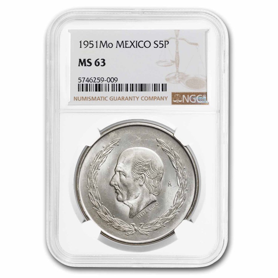 Buy 1951 Mexico Silver 5 Pesos Hidalgo MS-63 NGC | APMEX