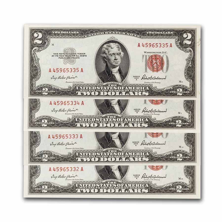 Buy 1953-A $2.00 U.S. Notes Red Seal CU (Fr#1510) 4 Consecutive | APMEX