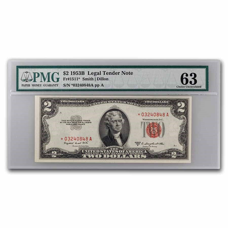 Buy 1953-B* $2 U.S. Notes Red Seal CU-63 PMG (Fr#1511*)Star Note | APMEX