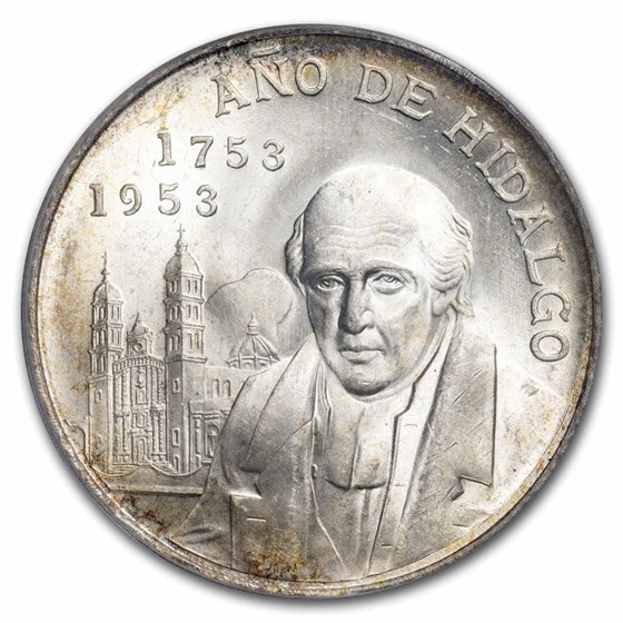 1953-Mo Mexico Silver 5 Pesos Hidalgo Bicentennial MS-65 PCGS