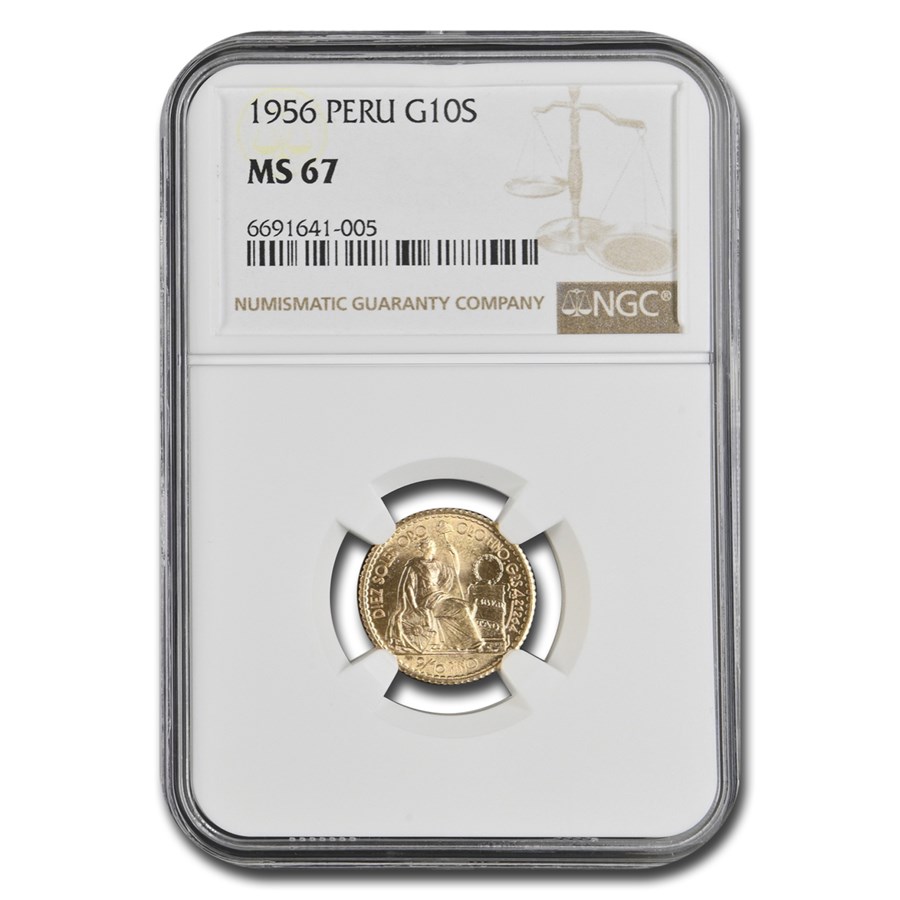 1956 Peru Gold 10 Soles Liberty MS-67 NGC