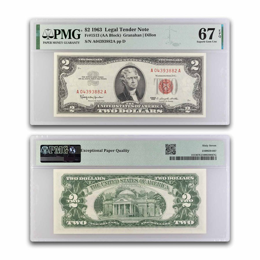 Buy 1963 $2 US Note Red Seal CU-67 EPQ PMG (Fr#1513) | APMEX