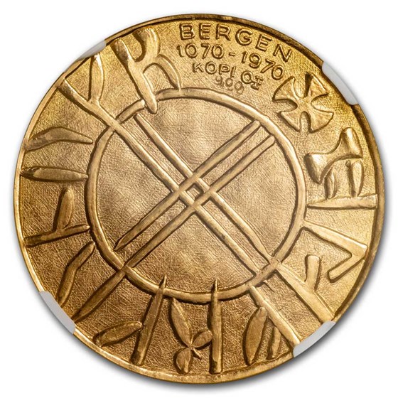 1970 Norway Gold Penny Medal Bryggen Museum King Olav MS-68 NGC
