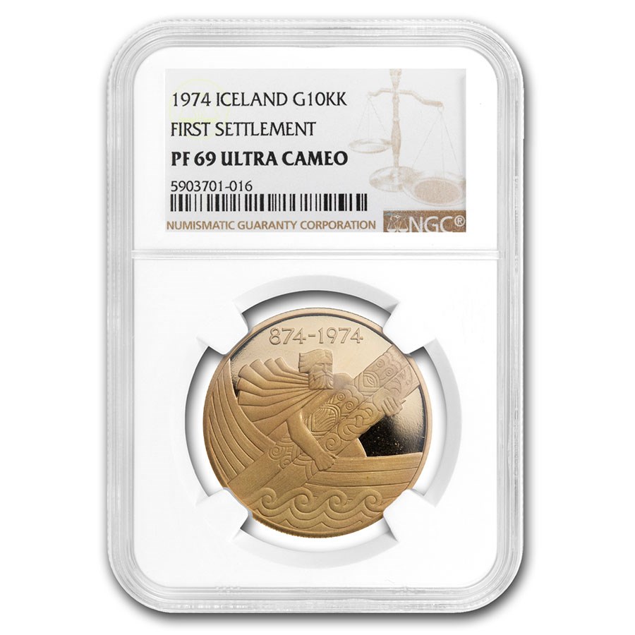 Buy 1974 Iceland Gold 10,000 Kronur 1st Settlement PF-69 UCAM NGC | APMEX