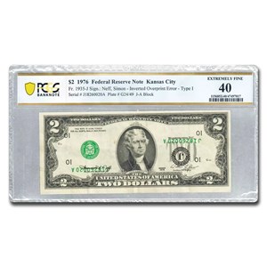 1976 (J-Kansas City) $2 FRN XF-40 PCGS (Fr#1935-J) Inv. Overprint