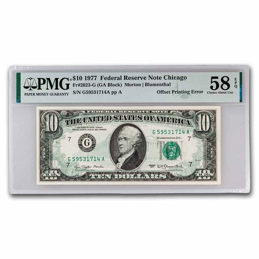 Buy 1977 (G-Chicago) $10 FRN AU-58 PMG (Fr#2023-G) Offset Printing | APMEX