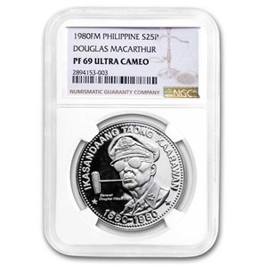 1980FM Philippines Silver 25 Piso Douglas Macarthur PF-69 NGC