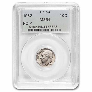 1982 No P Roosevelt Dime BU (Strong) MS-64 PCGS