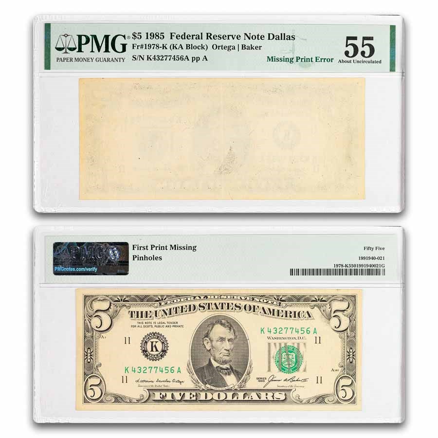 Buy Missing Print 1985 $5 Federal Reserve Note AU-55 Dtls | APMEX