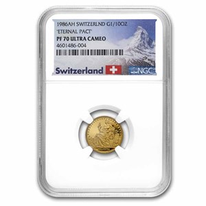 1986 Switzerland 1/10 Unze Proof Gold Eternal Pact PF-70 NGC