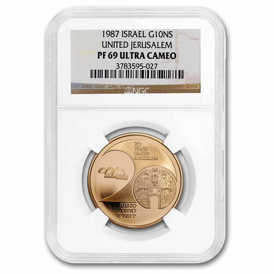 Buy 1987 Israel Gold 10 NIS 20 Years United Jerusalem PF-69 NGC | APMEX