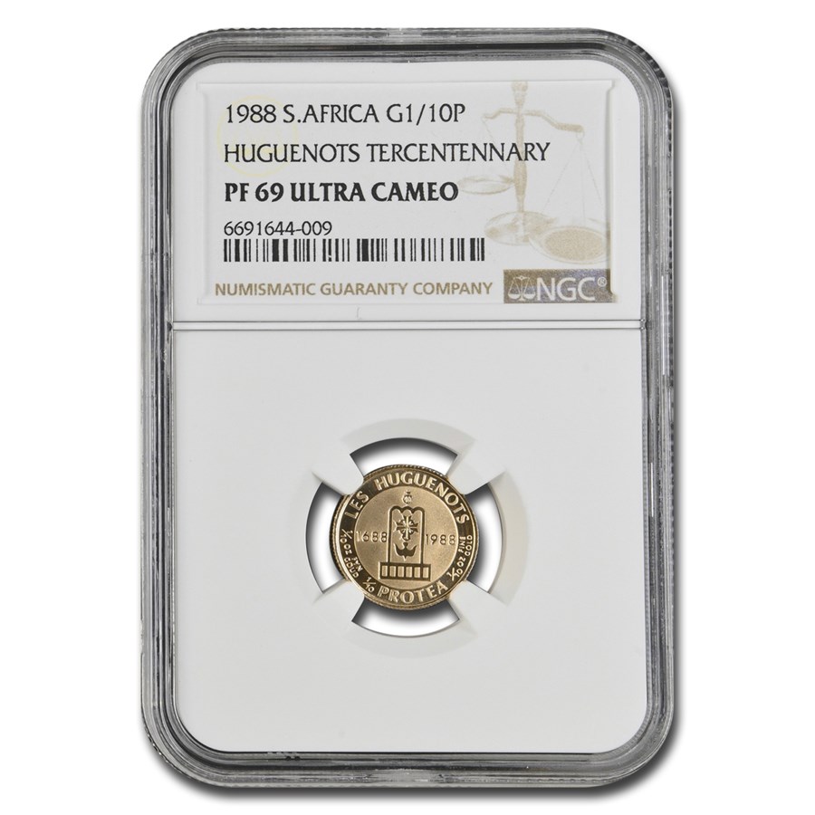 1988 South Africa 1/10 oz Gold Huguenots Tercen PF-69 UCAM NGC
