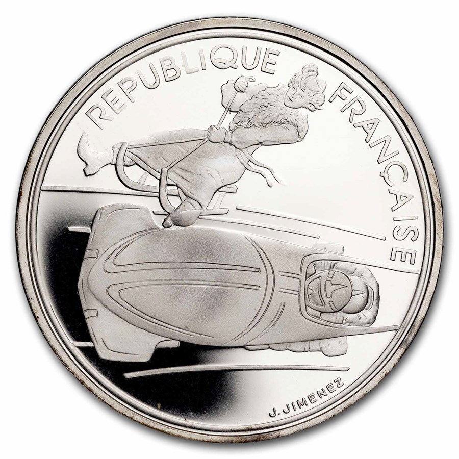 1990 French Fifth Rep. Silver 100 Francs Olympic Bobsledding PF