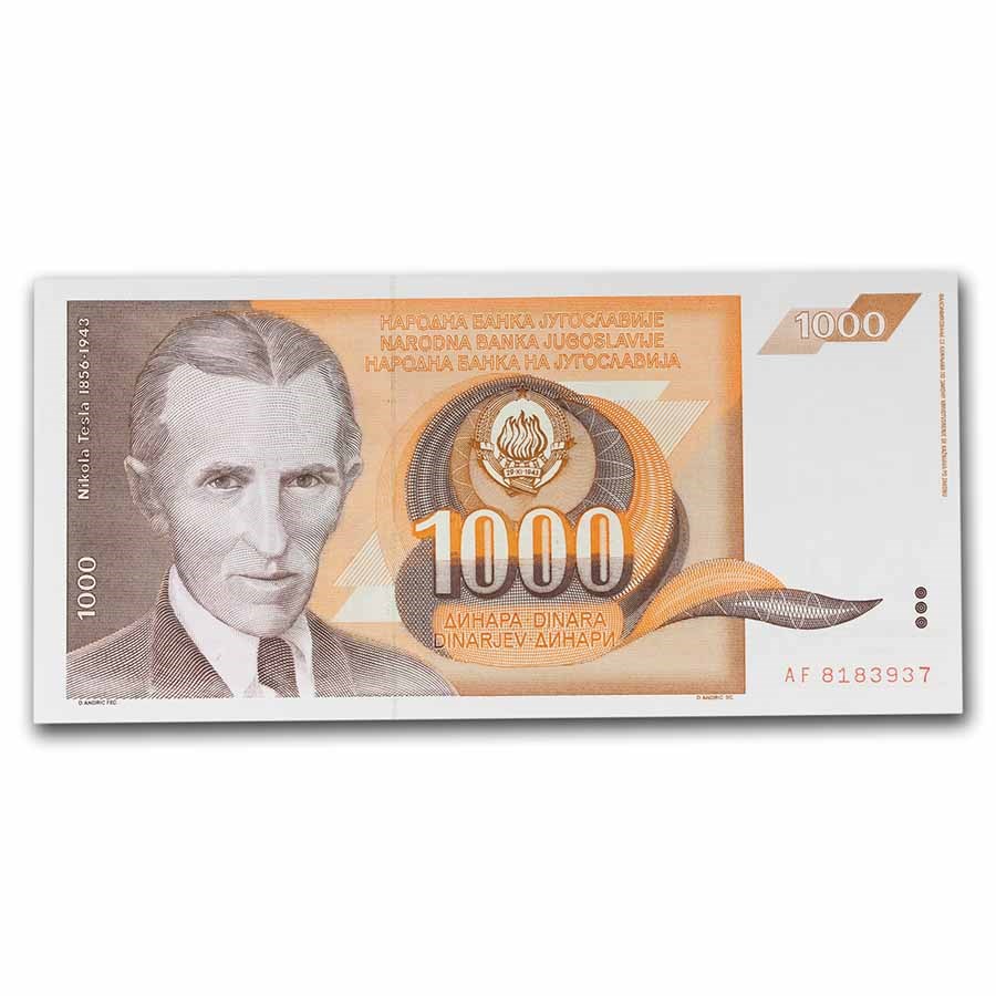 Buy 1990 Yugoslavia Nikola Tesla 1000 Dinara Banknote | APMEX